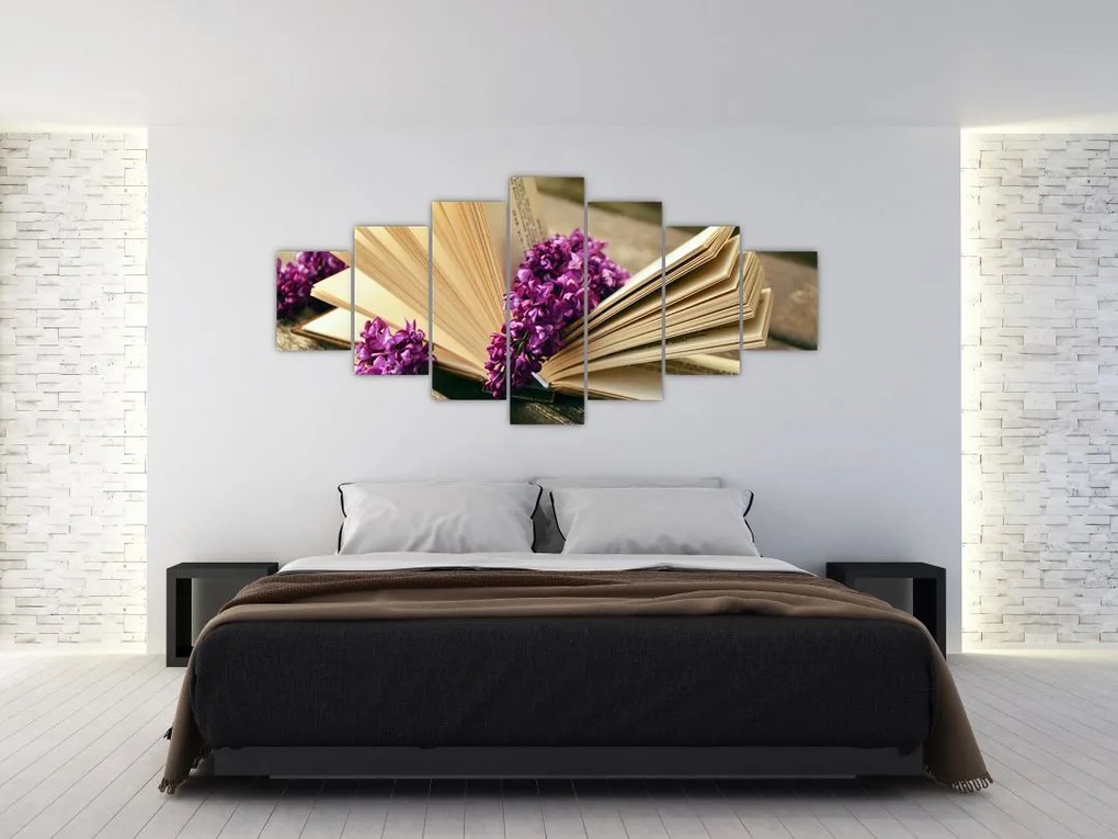 Obbraz knihy a fialové květiny (210x100 cm)