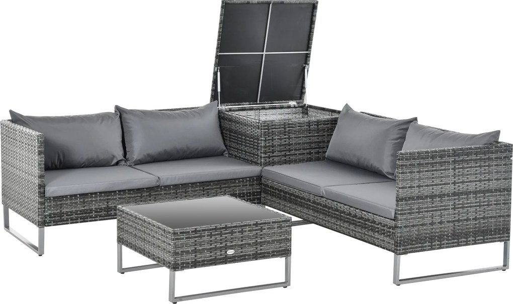 Outsunny 4dílná ratanová zahradní souprava s 2 dvousofami, centrálním stolem a úložným prostorem, odnímatelnými polštáři 132x69x64 cm Šedá | Aosom
