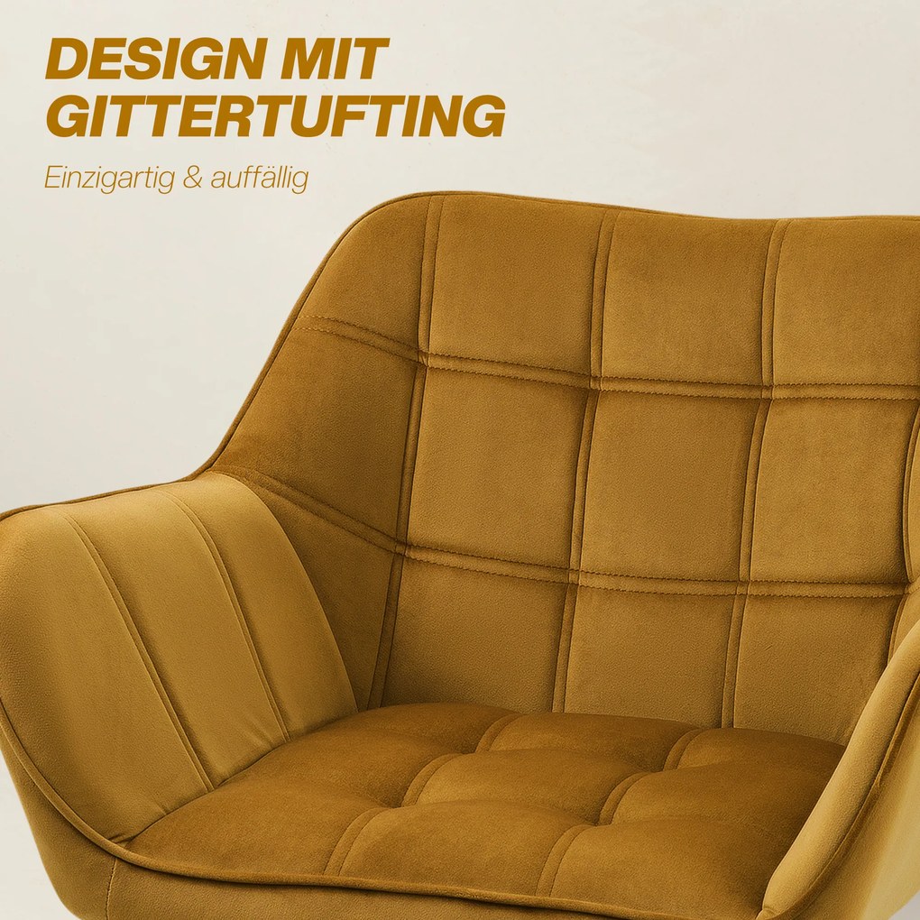 HOMCOM křeslo s polohovatelným sedákem se sametem, skandinávské, zvýšené nohy, sametový polyester, žlutá 67x61,5x71 cm