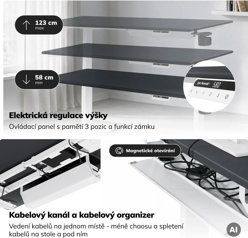 Elektrický stůl s nastavitelnou výškou ergonomický bílo-antracitový,1600x800 mm: ARIA