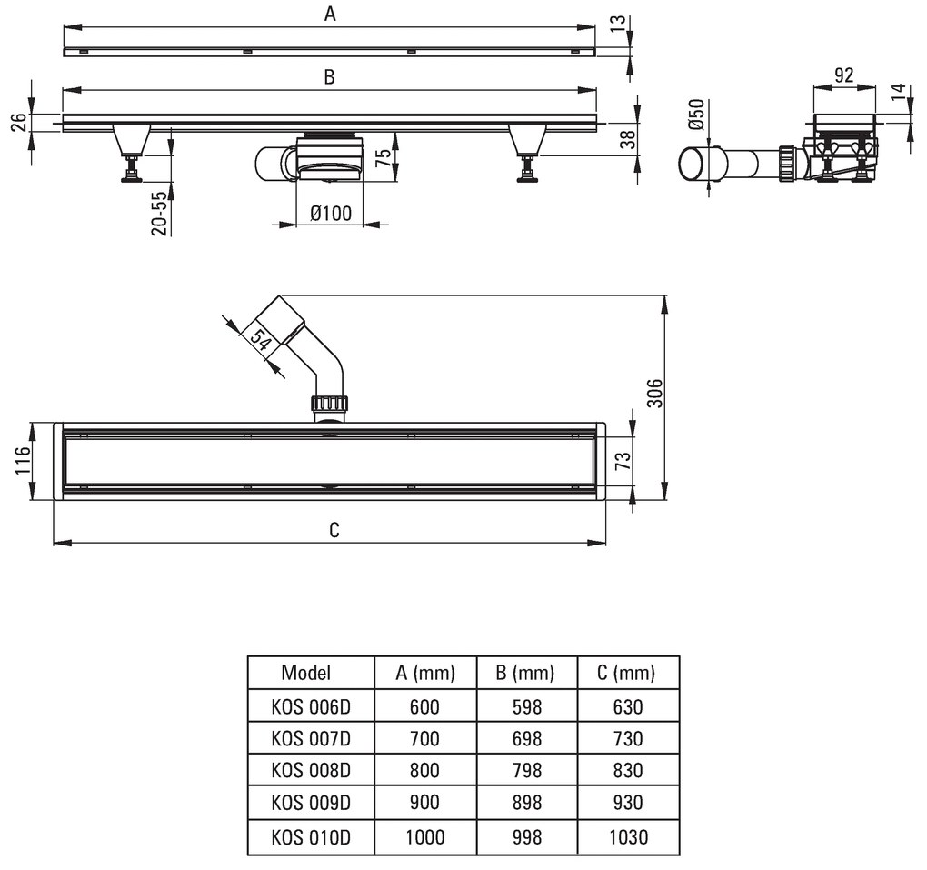 Deante Deante, nerezový lineární odtokový žlab s otočnou mřížkou (2v1) 70cm, sifon H65, ocelová, KOS_007D