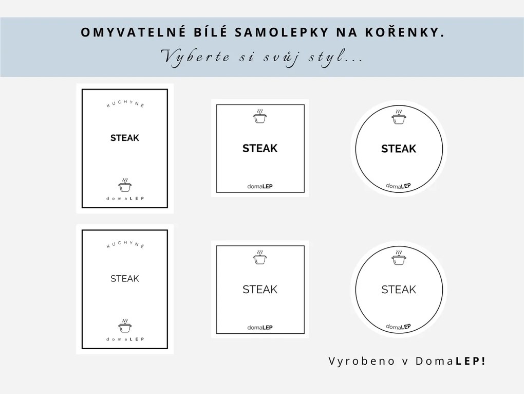 STEAK - omyvatelná samolepka na kořenky, výběr rozměrů Ø 5 cm / 5 x 5 cm / 6 x 8 cm | DomaLEP tvar: ČTVEREC, barva: BÍLÁ - ČERNÉ písmo, velikost: š. 5 cm x v. 5 cm - základní písmo