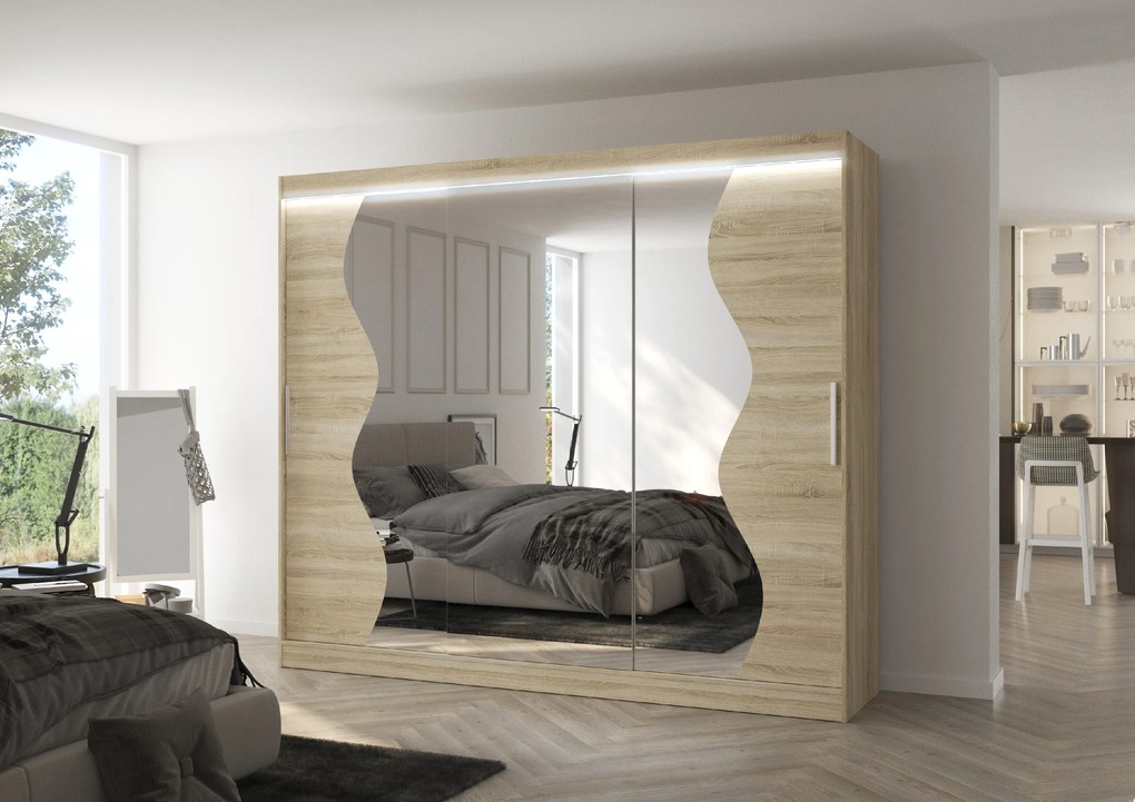 ADRK Furniture Posuvná skříň se zrcadlem a LED osvětlením SHARON 250 SW-SHA-S-250+L-V399