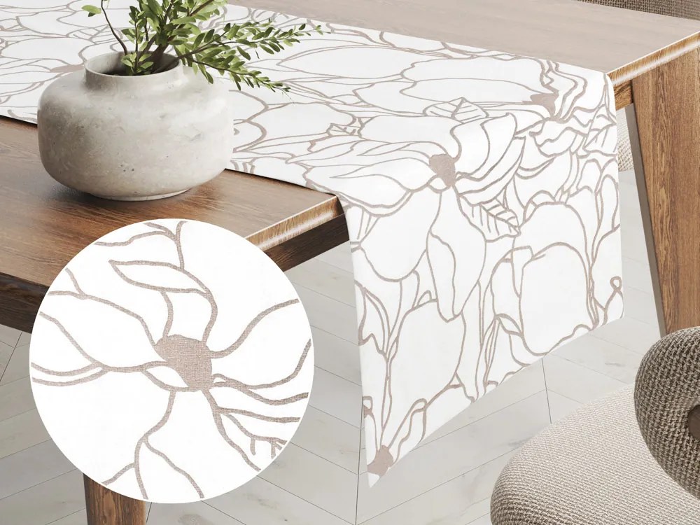 Biante Bavlněný běhoun na stůl Sandra SA-268 Béžové designové květiny na bílém 35x120 cm