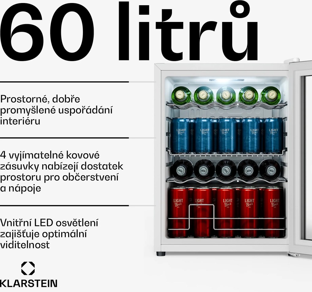 Klarstein Beersafe nápojová lednice se skleněnými dveřmi | 64 x 48 cm | 60 l | 85 W | stříbrná/bílá
