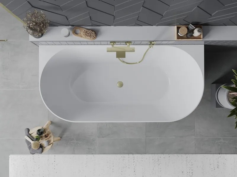 Mexen Oval Slim volně stojící nástěnná vana 170 x 80 cm, bílá, přepad zlatý kartáčovaný - 52661708000-55