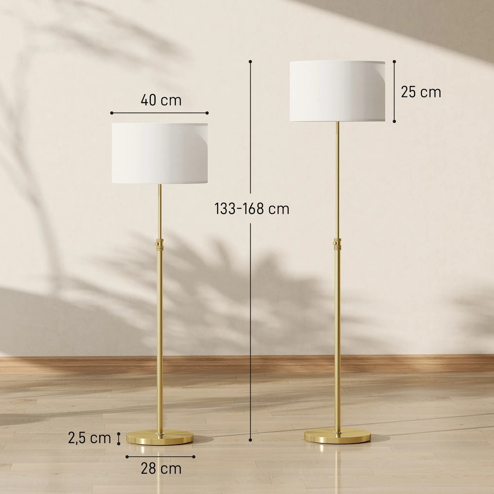 HOMCOM Stojací lampa s dálkovým ovládáním, výškově nastavitelná, látkové stínidlo, kovový stojan, nastavitelná jas, nožní spínač, zlatá barva