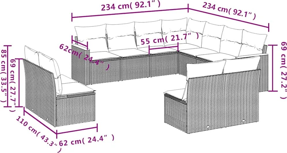 11dílná zahradní sedací souprava s poduškami černá polyratan 3226083