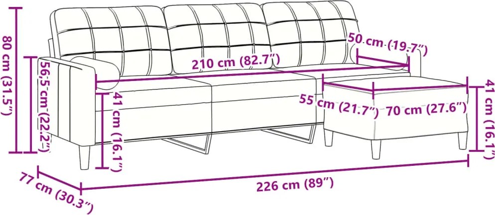 3místná pohovka s podnožkou růžová 210 cm samet 3278280
