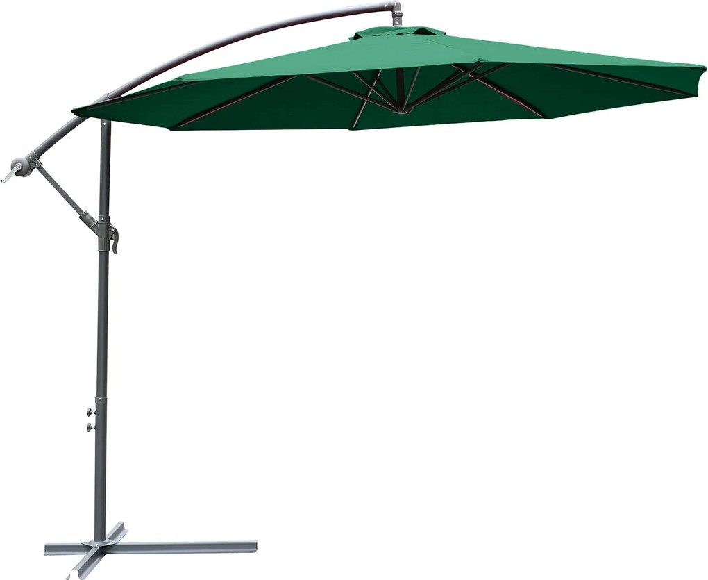 Zahradní slunečník Outsunny Ø300x250 cm s bočním podpěrným mechanismem a křížovou základnou - Tmavě zelený | Aosom