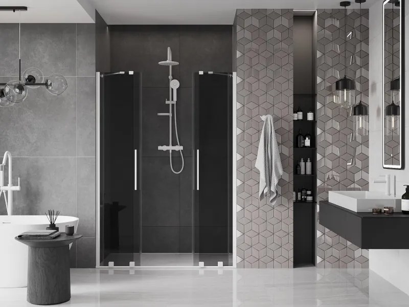 Mexen Velar Duo, posuvné sprchové dveře do otvoru 160 cm, 8mm šedé sklo, bílá matná, 871-160-000-42-20