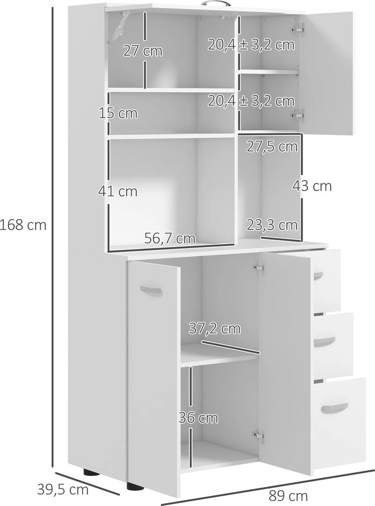 HOMCOM Vysoká Skříň do Kuchyně s 3 Otevřenými Přihrádkami, 4 Dveřmi a 3 Zásuvkami, Kuchyňský Skříňový Kabinet s Nastavitelnými Policemi, Bílá, 89 x 3…