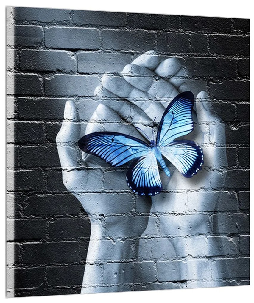 Moderní obraz dlaní s motýlem (30x30 cm)