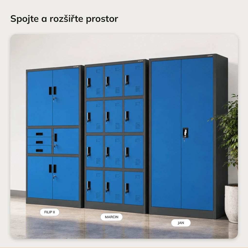 Sociální BHP skříňka s přihrádkami antracitově modrá, 900x1850x400 mm: MARCIN