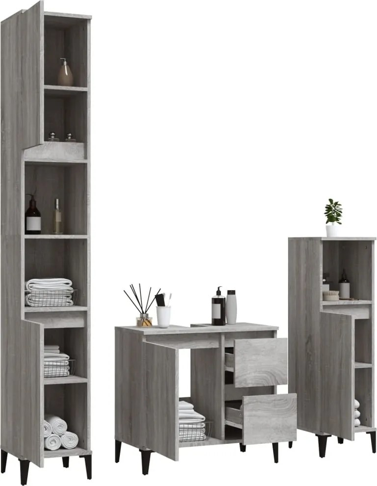 3dílný set koupelnových skříněk šedý sonoma kompozitní dřevo 3185549