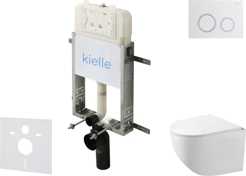 kielle Genesis New - Set předstěnové instalace, kompaktního klozetu Gaia, Rimless, sedátka softclose a tlačítka Gemini New II, lesklá bílá/chrom 30528SZ85