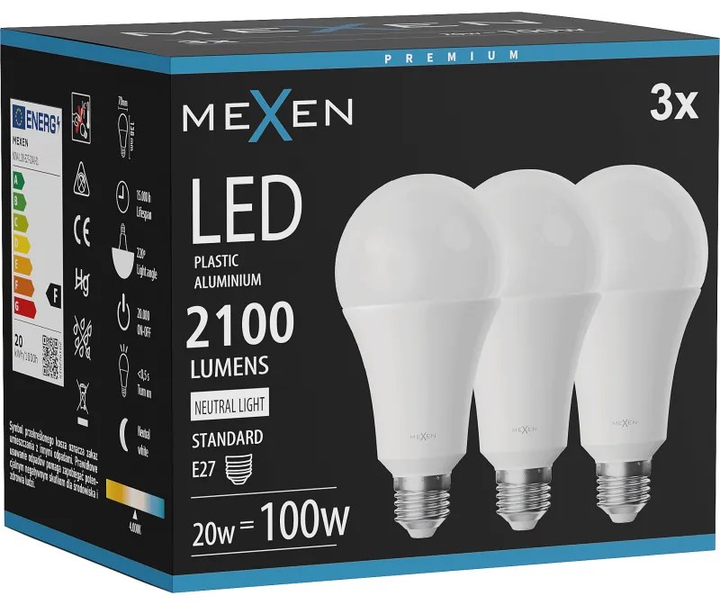 Mexen Nova 3x LED žárovka E27, A70, 20W, Neutrální - 4000K, 2100 lm - L100-E27-2040-01x03
