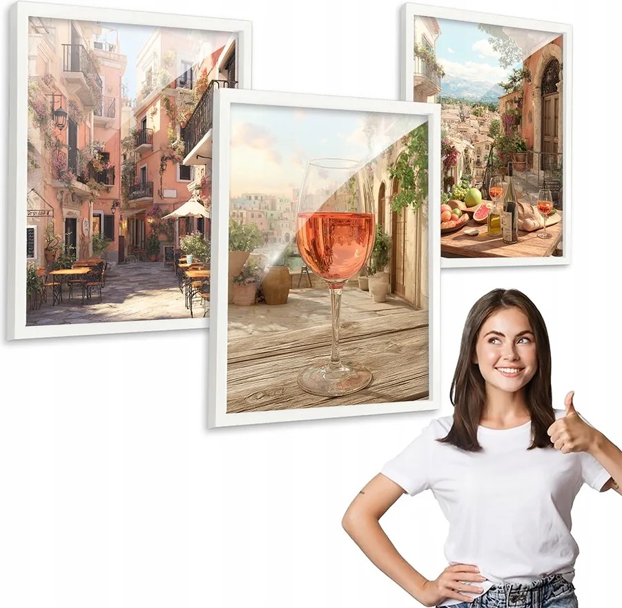 Sada 3 obrazů vzor Italské Město bílý rámeček 40x50 triptych do kuchyně