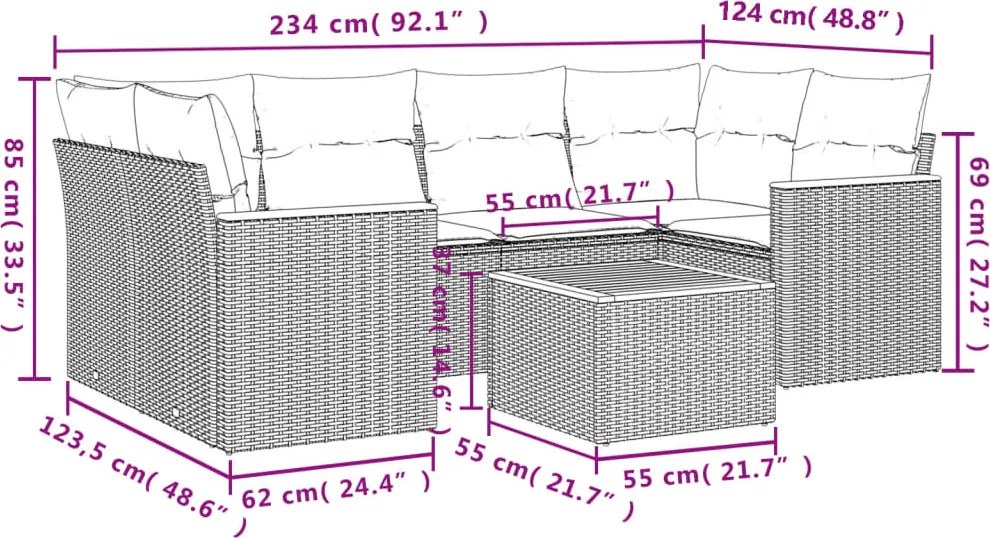 vidaXL 7dílná zahradní sedací souprava s poduškami polyratan [3258199] Barva: Šedá