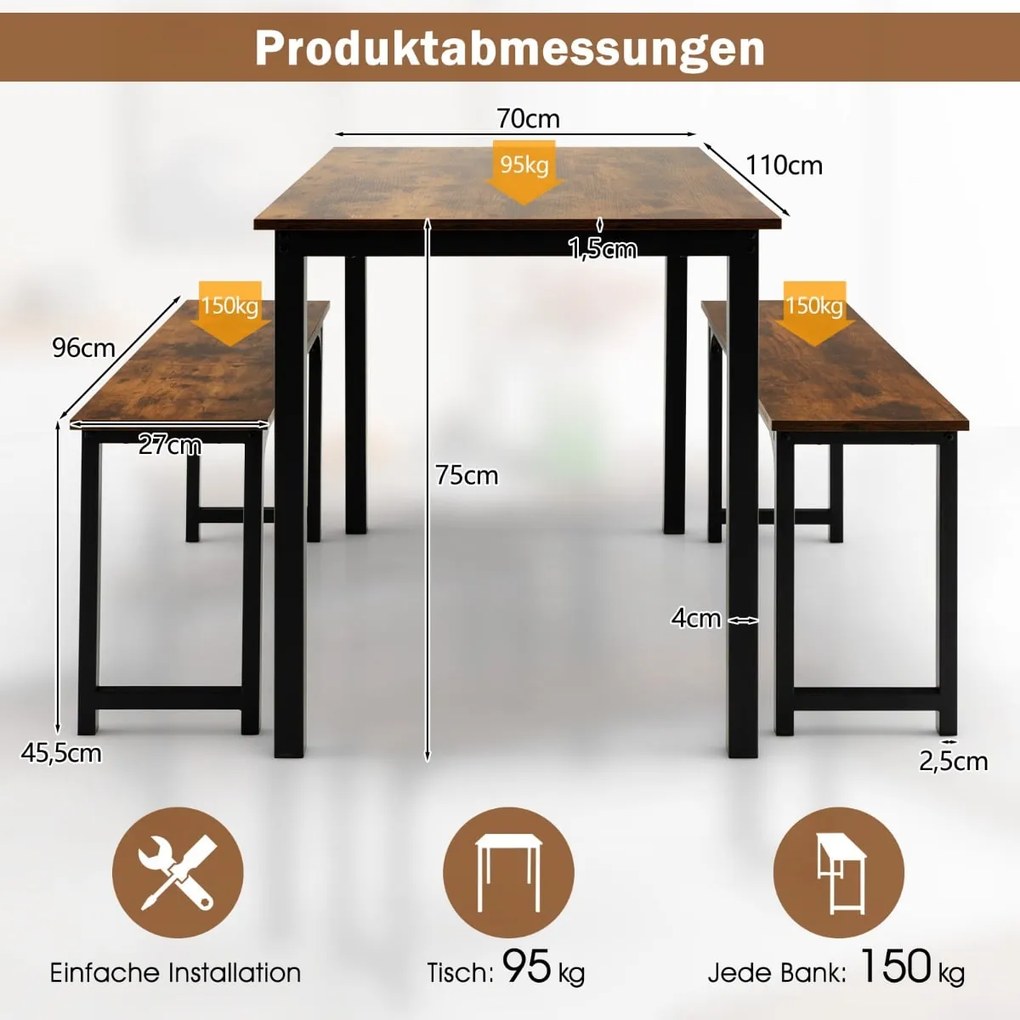 Costway Jídelní stůl se 2 lavicemi sada jídelních sestav 3 pro 4 osoby káva +