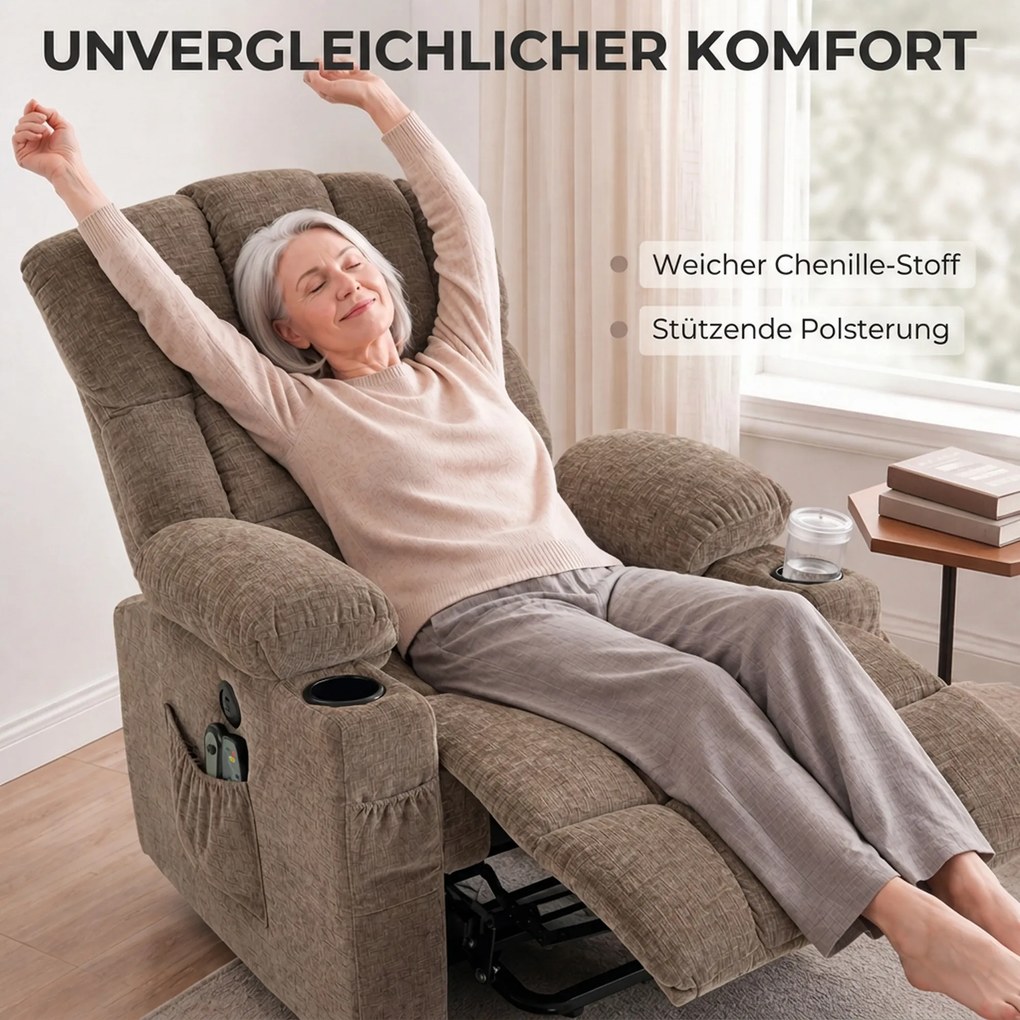 HOMCOM Televizní křeslo s pomocí při vstávání, elektrické relaxační křeslo s masáží a vyhříváním, funkce ležení, USB porty, hnědé