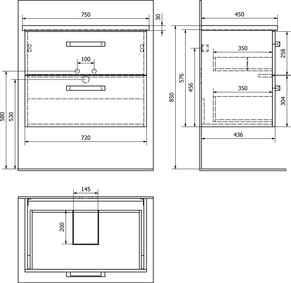 Aqualine Vega umyvadlová skříňka 72x57,6x43,8 cm 2x zásuvka dub platin VG873