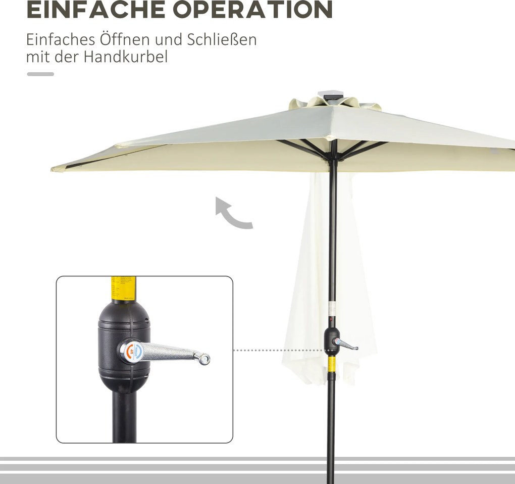 Slunečník Outsunny 265x240 cm, půlkruhový slunečník s LED diodami, půlkruhový slunečník na terasu s ruční klikou a solárním panelem, kov, béžová | Ao…