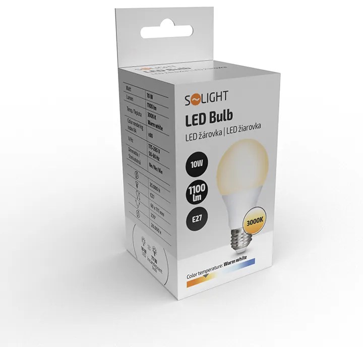 Solight LED žárovka, klasický tvar, 10W, E27, 3000K, 270°, 1100lm