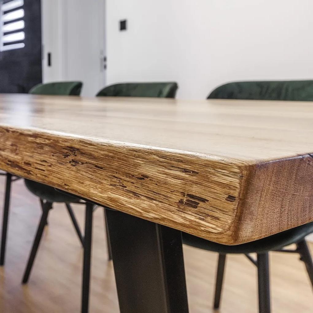 KULHÁNEK Designový stůl s rustikální hranou a zkosenou podnoží Velikost desky: 180x80 cm, Odstín podnože: černá - RAL 9005