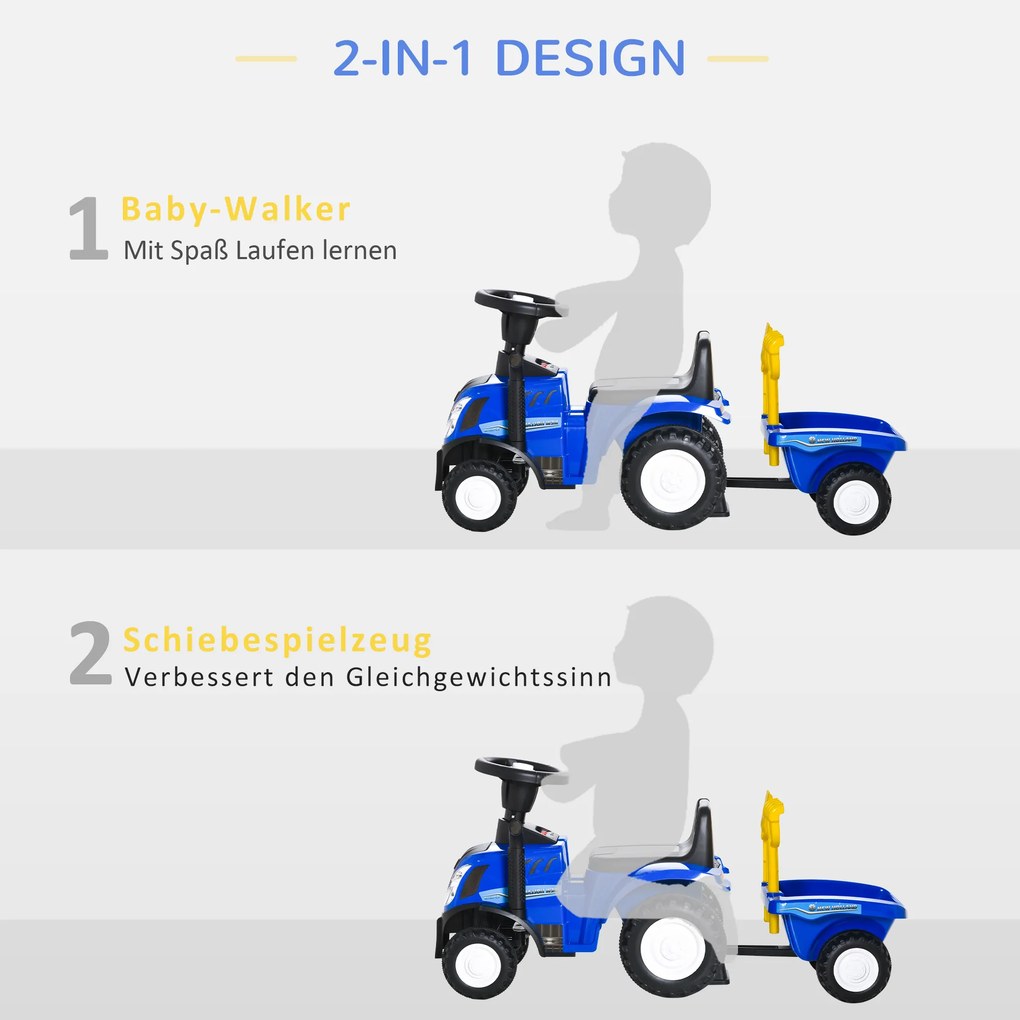HOMCOM dětské autíčko dětské autíčko NEW HOLLAND jezdící autíčko klasické chodítko s klaksonem plastové kovové modré | Aosom