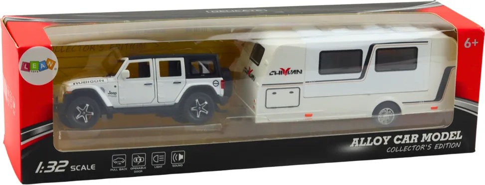 LEAN Toys Sada: terénní auto, karavan, kovové, pohon, světla, zvuky, bílá, 1:32