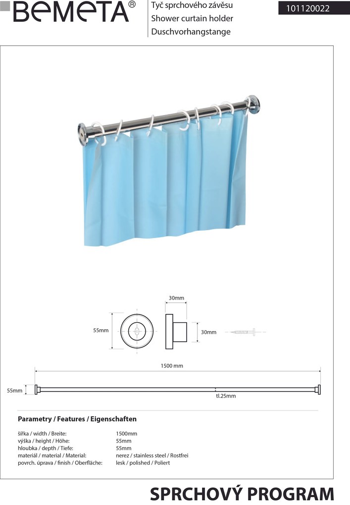 Bemeta Design Tyč sprchového závěsu, 1500 mm, nerez, lesk - 101120022