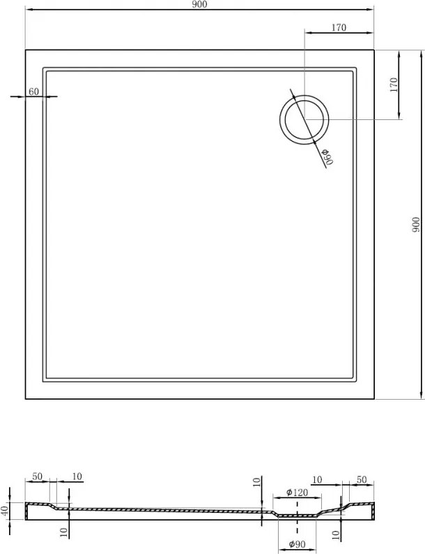 Mexen Flow Slim, čtvercová sprchová vanička 90 x 90 cm, černá matná, 46S709090