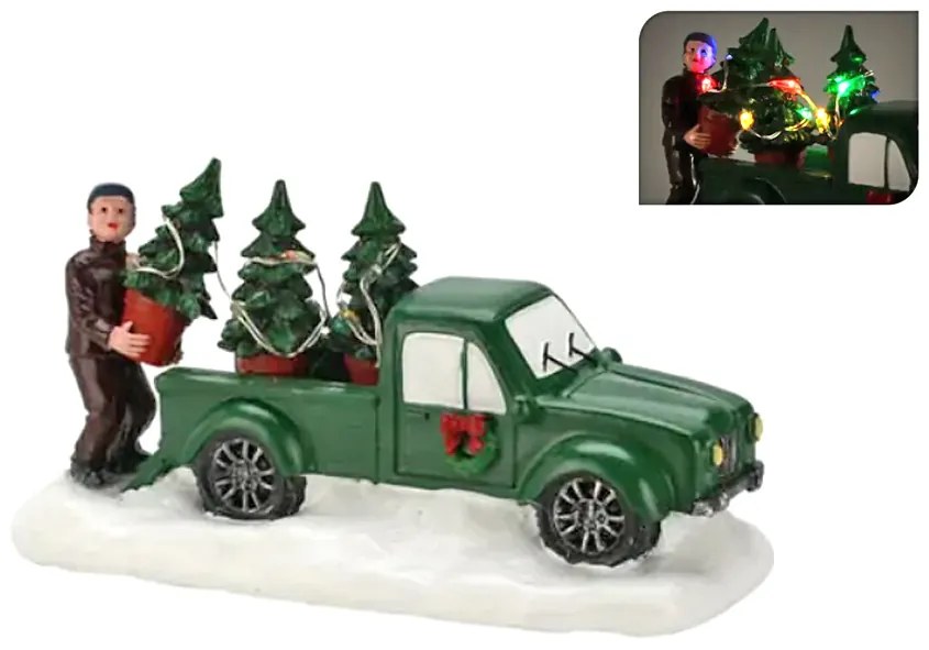 Vánoční scéna stromečky s autem - Zelené auto 13 cm