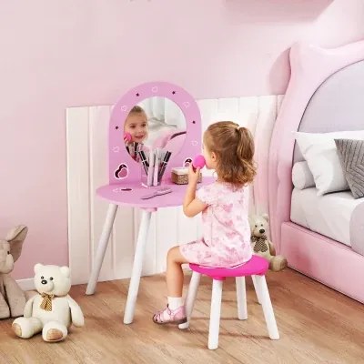 AIYAPLAY Dětský toaletní stolek s taburetem a zrcadlem, toaletní stolek pro dívky s motivem srdce pro děti 3-6 let, růžová