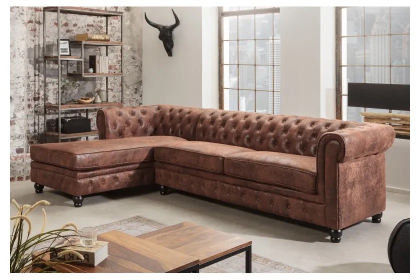 Massive home | Hnědá rohová sedací souprava Chesterfield z mikrovlákna- levý roh