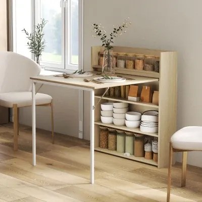 HOMCOM Skládací jídelní stůl s regálem, industriální design, úspora místa, pro malé prostory, 78,5 x 91 x 93 cm, dub