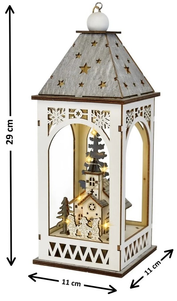 Dřevěná lucerna s vánočním motivem a LED osvětlením, 11 x 29 cm, teplá bílá