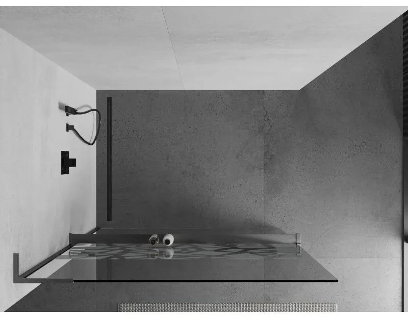 Mexen Kioto+ L, sprchová zástěna Walk-In s poličkou a věšákem 120 x 200 cm, 8mm čiré sklo bílý vzor, grafitový profil, 800-120-123-66-85