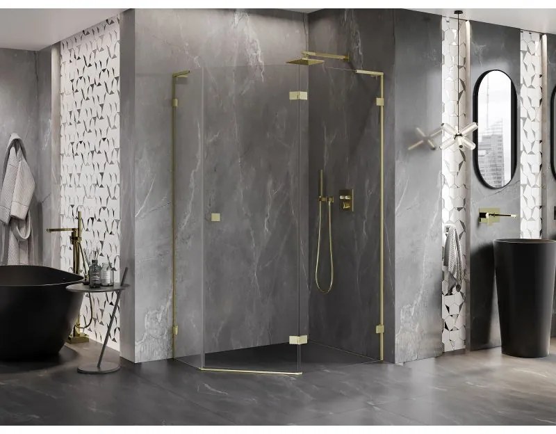 Mexen Lunar, L pravý výklopný pětiúhelníkový sprchový kout 100 x 80 cm, 8mm čiré sklo, zlatý matný profil, 831L-100P-080L-55-00-P