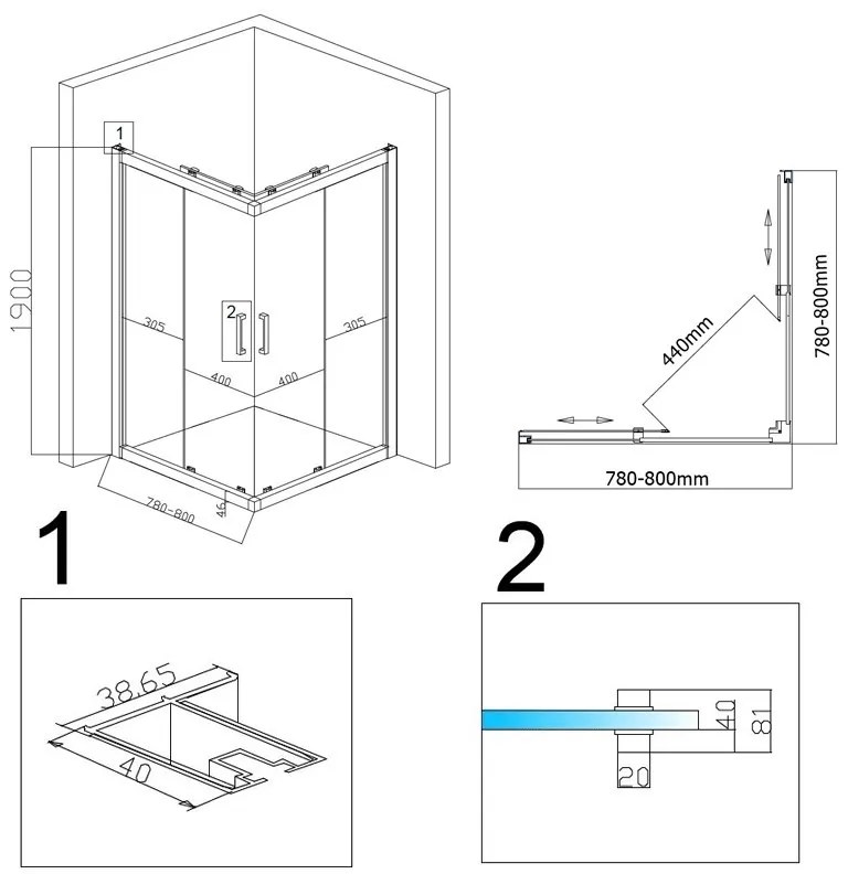 BPS-koupelny Čtvercový sprchový kout HYD-SK102A 80x80 chrom/transparent - bez vaničky