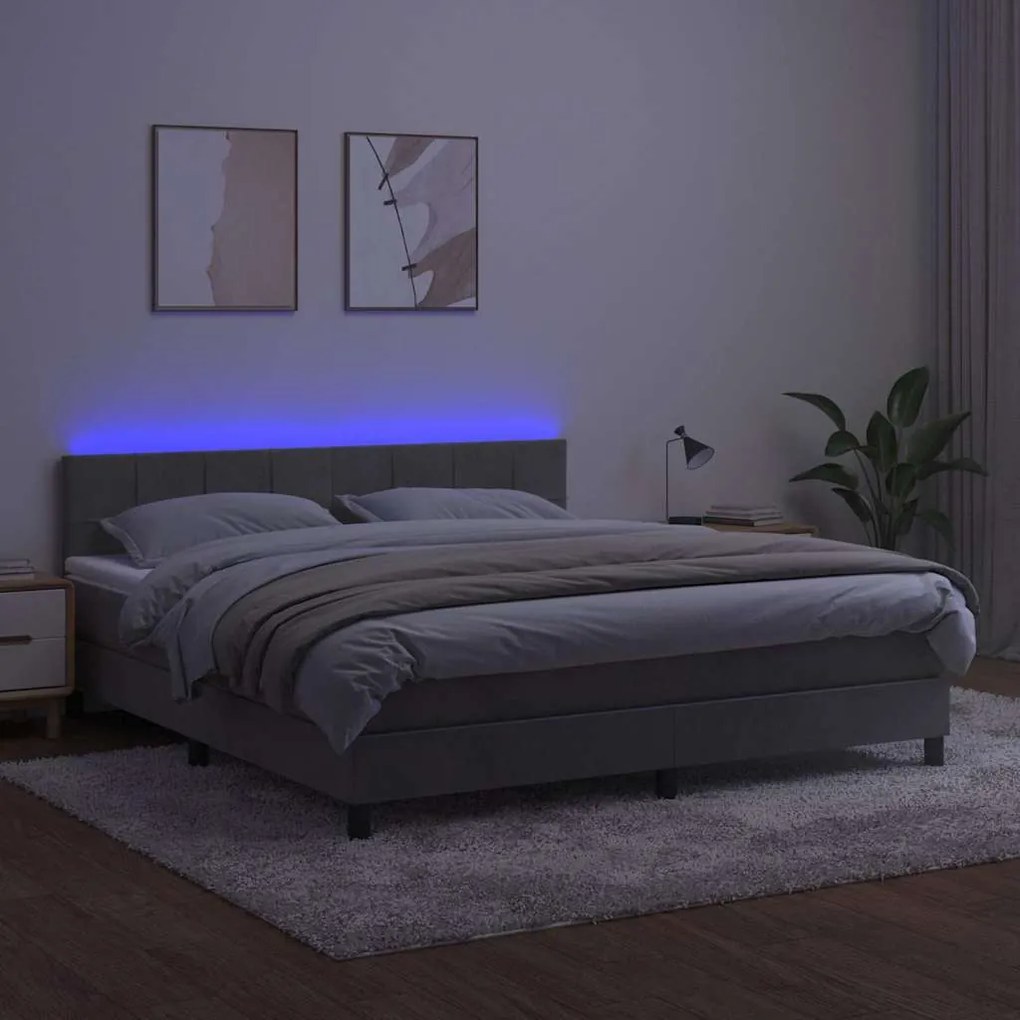 Box spring postel s matrací a LED světle šedá 180x200 cm samet 3134417