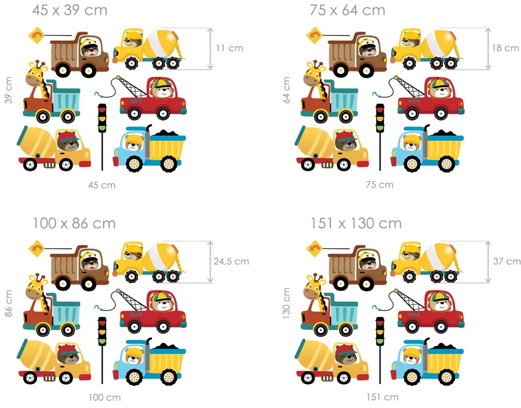 Stavební autíčka samolepky na zeď arch 75 x 64 cm