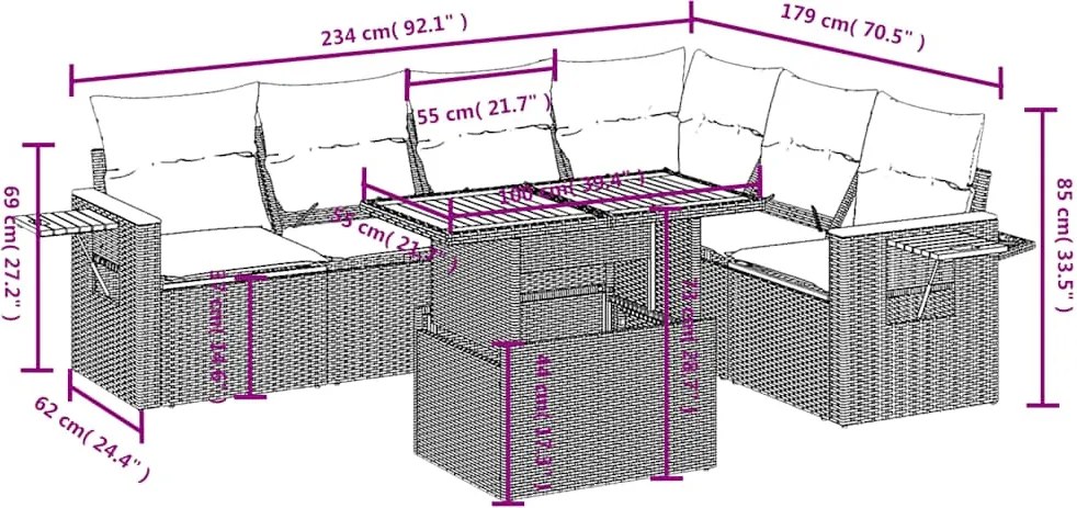 7dílná zahradní sedací souprava s poduškami černá polyratan 3273533