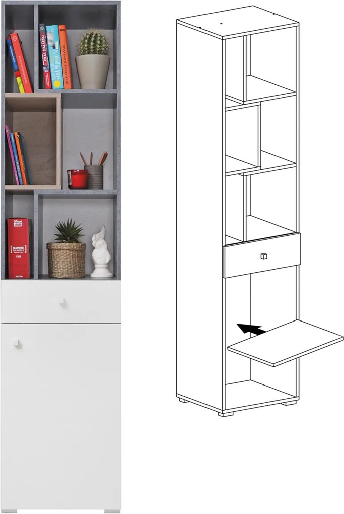 Regál SIGMA SI 8 L/P s policemi a zásuvkou | 45 cm | UNI provedení | beton/bílá/dub