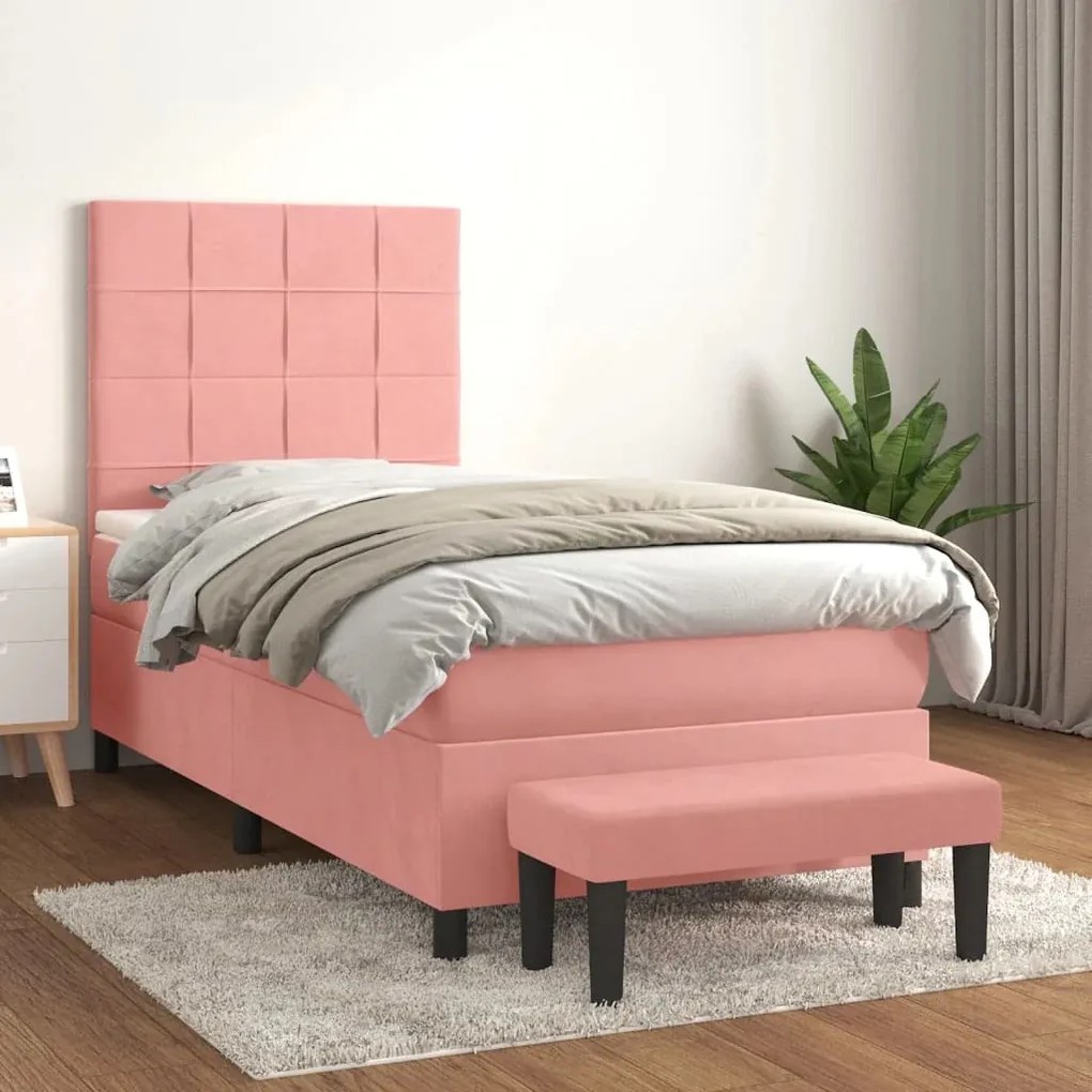 Box Spring Postel S Matrací Samet Růžová Blok se čtverci 80 x 200 cm