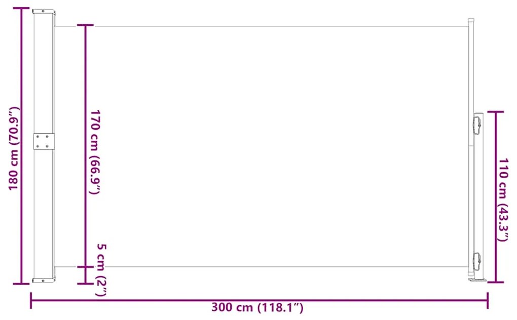 vidaXL Marketos Zatahovací boční markýza 180 x 300 cm hnědá
