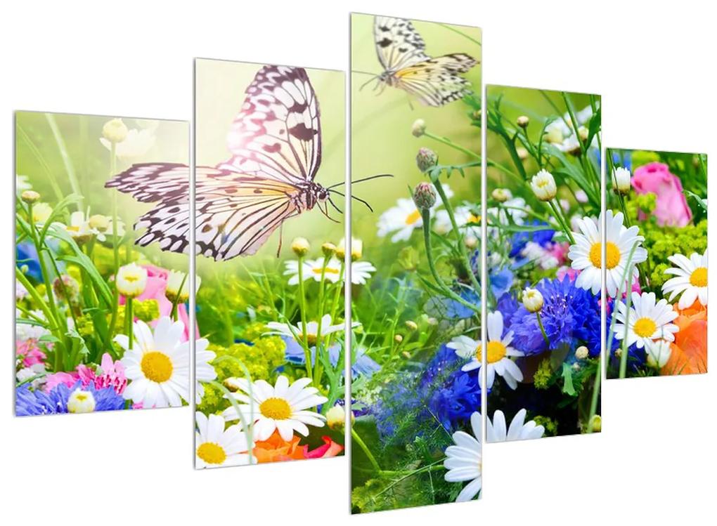 Obraz letních květů s motýlem (150x105 cm)