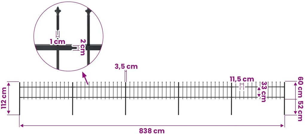 Zahradní plot s kopím nahoře ocelový 838 x 60 cm černý 277597