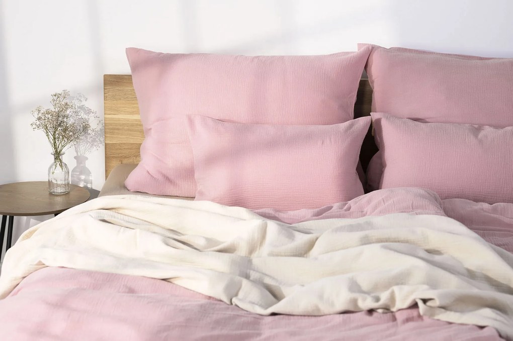 Celoroční mušelínové prodloužené povlečení Soft Pink - GOTS Velikost: 140 x 220 + 70 x 90